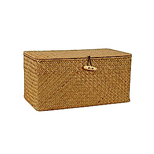 YIFANZHIBIAN Multifunction Seagrass Basket, Woven Storage Baskets, Handwoven Rectangular Straw Basket, Stackable and Hyacinth Basket with Lid for Home Organization (Large, Caramel Color)