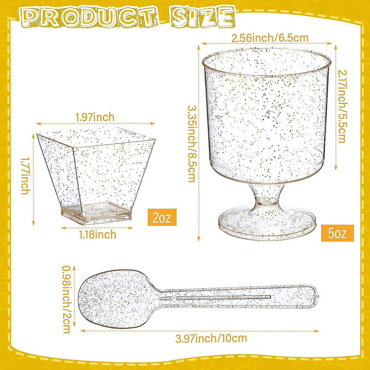 100 Pcs Plastic Dessert Cups with 100 Pcs Spoons Gold Glitter Goblet Square Cups 2 oz 5 oz Pudding Wine Dessert Bowls Dessert Containers for Birthdays, Wedding Party Supplies, 2 Styles