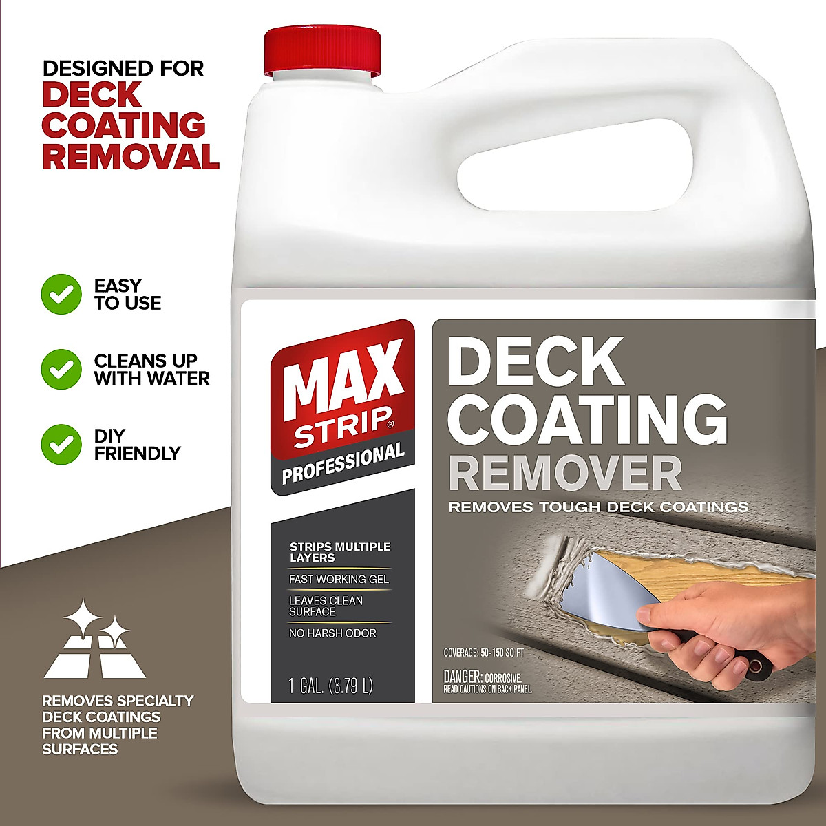 Max Strip Deck Coating Remover - 1 Gallon - Professional Fast Working Gel Strips Multiple Layers - Removes Tough Deck Coatings - No Harsh Odor Leaves Surface Clean
