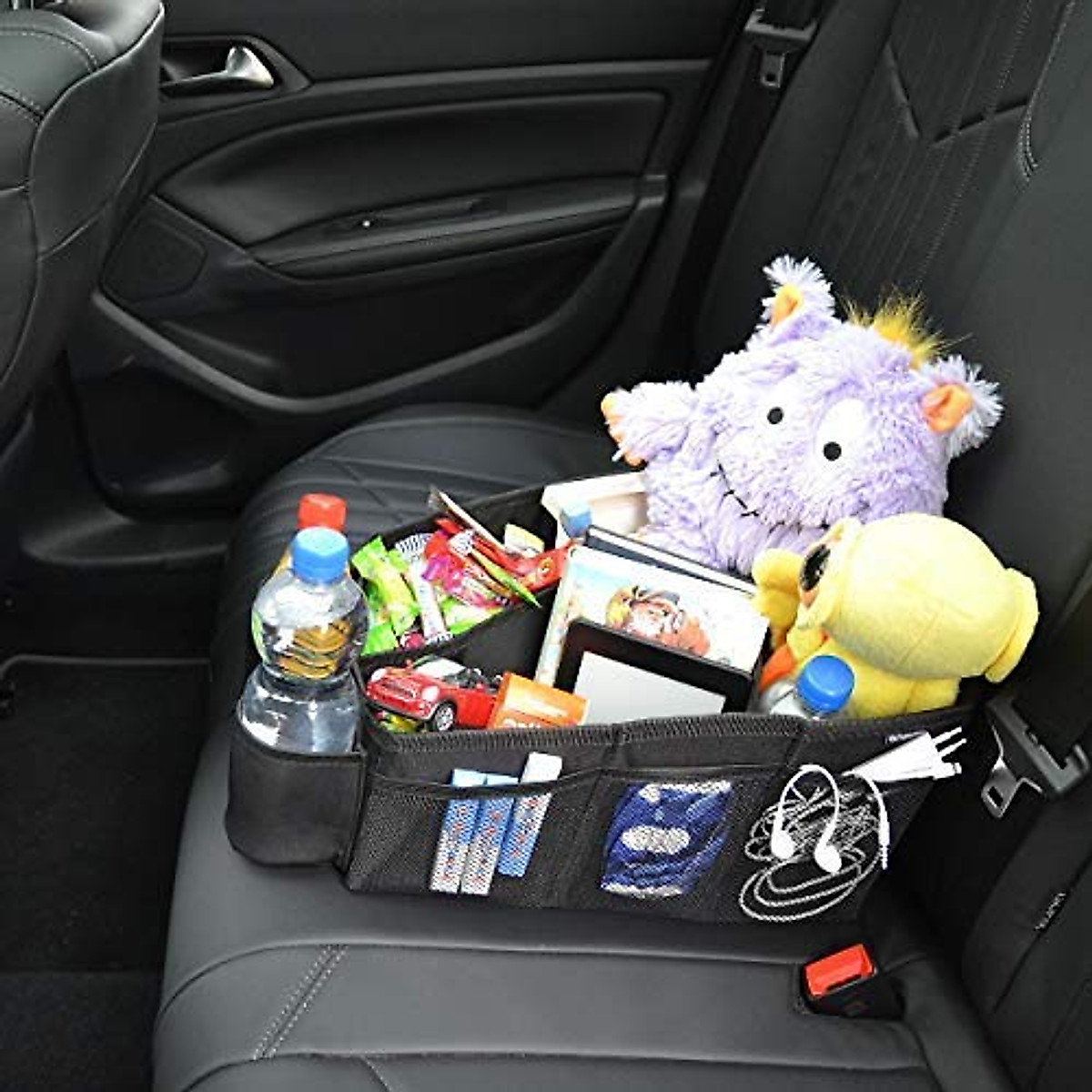 Car Seat Organizer - Back Seat & Front Seat Storage Bag with Seat Belt Attachment, Cup holders and Foldable Pockets - Water Resistant Backseat Organizer for Toys, Snacks and other utensils