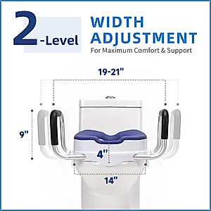 Toilet Seat Riser with Handles, 4'' Raised Toilet Seat for Seniors with TPR Padded and Aluminum Arms, Toilet Safety Riser for Standard Commode (Blue)