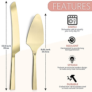 Gold Wedding Cake Cutting Set. Rustic Wedding Cake Knife Server Set. Cake Utensils for Bridal Shower & Wedding Cake Table Decorations. Gold Knife and Cake Server are Perfect Wedding Registry Gifts.