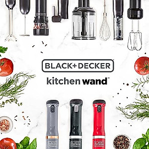 BLACK+DECKER Kitchen Wand Cordless Immersion Blender, 3 in 1 Multi Tool Set, Hand Blender with Charging Dock, Whisk and Food Chopper, Black (BCKM1013K10)