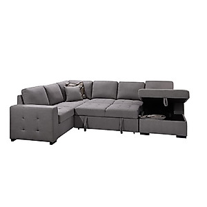U-Shaped Oversized Polyester Sectional Sofa with Pull Out Sleeper Couch Bed & Storage Chaise Lounge, King Functional Sofá w/ 4 Pillows for Large Flat Mansion Villa Living Room Furniture Sets, Grey