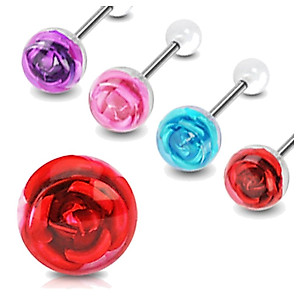 Zaya Body Jewelry 4 Steel Rose Flower Tongue rings barbells red blue pink purple 14g gauge 5/8