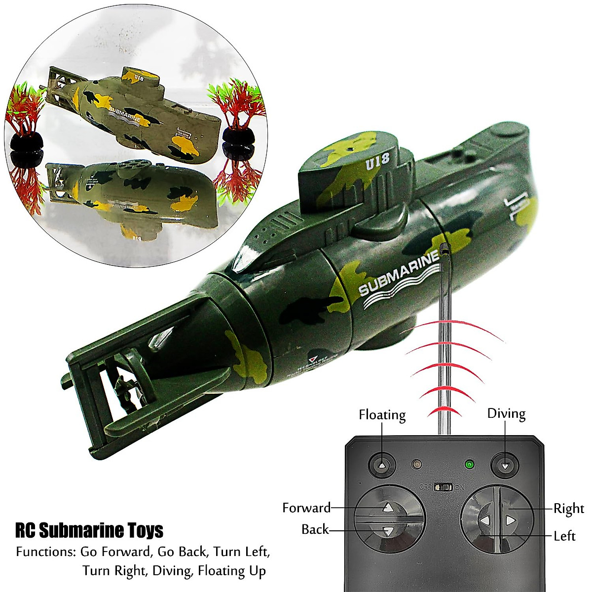 Tipmant Mini RC Submarine Remote Control Boat Ship Military Model Electronic Water Toy Diving for Fish Tank Water Tub Kids Birthday Gift (Green)