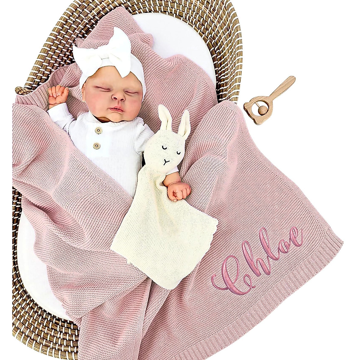 Hying Personalized Baby Blanket Custom Names Cotton Blanket Baby Shower Blanket Embroidered Name Customized Blanket for Baby Kids Newborn Birthday Customized Gifts (40×30 inch)