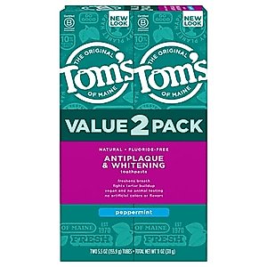 Tom's of Maine Fluoride-Free Antiplaque & Whitening Natural Toothpaste, Peppermint, 5.5 Ounce 2-Pack (Packaging May Vary)