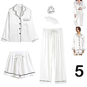 WJing Yi Jia 5Pcs Womens Silk Satin Pajamas Sets Long Pj Sets Button Down Pjs Set Sleepwear White