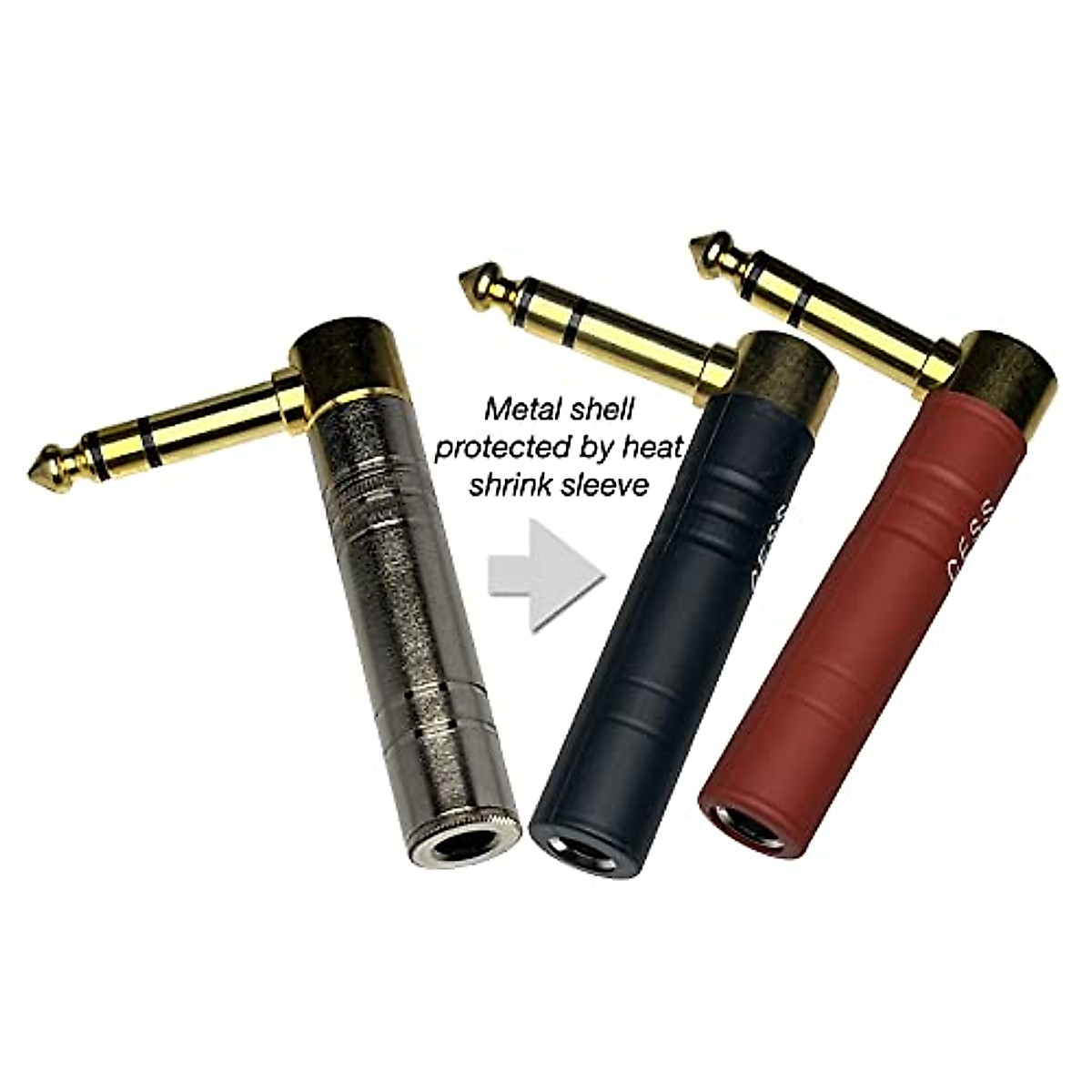 CNCESS CESS-237 Headphone / Earphone Right-Angle Adapter, 6.35mm 1/4-inch TRS Stereo Female to Male, 3-Pack (2 Black + 1 Red)