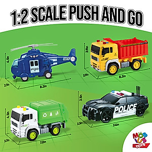 City Car Toy Playset of 3 Vehicles - Friction-Powered w/ Realistic Lights & Sounds - Includes Police Car, Garbage Truck, Construction Dump Truck & Helicopter - Toddler Boys Toy for Kids Ages 3-5