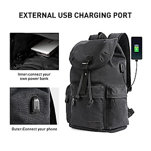 Small Canvas Vintage Backpack for Men Women,Travel Laptop Backpack with USB Charging Port,School College Backpack Book Bag Casual Rucksack Fits 15.6 Inch Laptop,Black