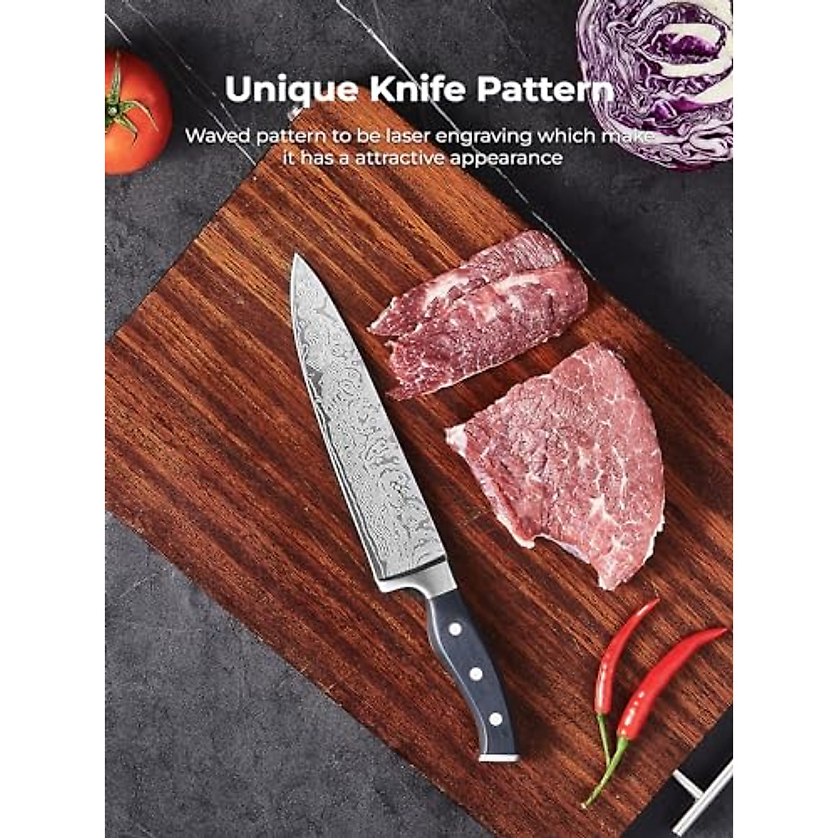Knife Block Set, AMEGAT Knife Set with Advanced Self-Sharpening Technology, 14-Piece Waved Texture Kitchen Knife Set, Stainless Steel Knife Set with Block, Razor-Sharp Knives and Full Tang Handle