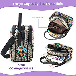 Embroidery Canvas Shoulder Bag Women Vintage Boho Mini Crossbody Bag Handbag Cell Phone Pouch (Purple)