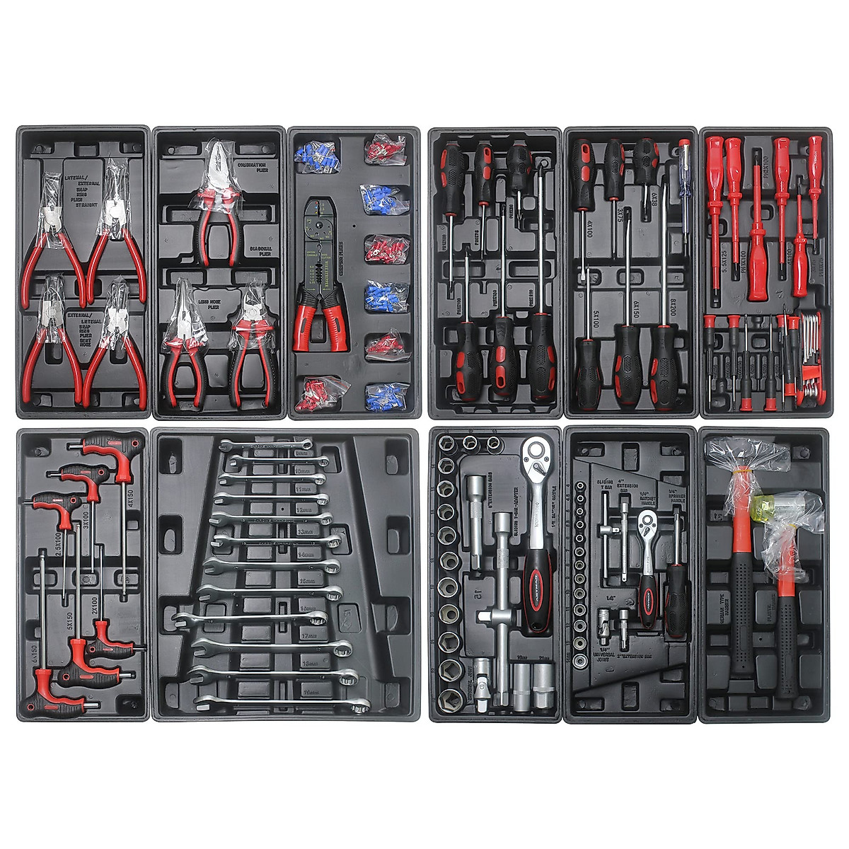 Campfun Rolling Tool Cart with 4-Drawer 266PCS Tool Set, Tool Chest Cart on Wheels, Utility Tool Box with Wooden Top Workbench, Tool Storage Cabinet Organizer for Garage, Workshop, Repair Shop