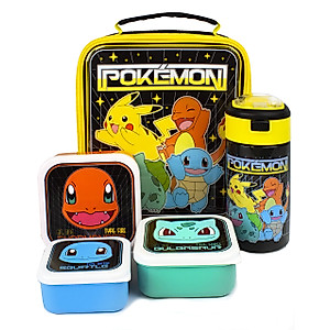 Pokemon Lunch Bag 5 Piece (Food Bag Water Bottle 3 Snack Pots) One Size
