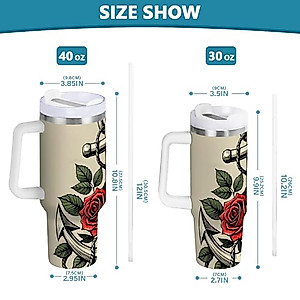 Nexawaveo Mooring Rose Beige Tumbler With Handle And Straw 30-40oz Insulated Tumbler Cups With Lid Stainless Steel for Cold Water and Drinks for School Work Sports Car Travel and Weekends