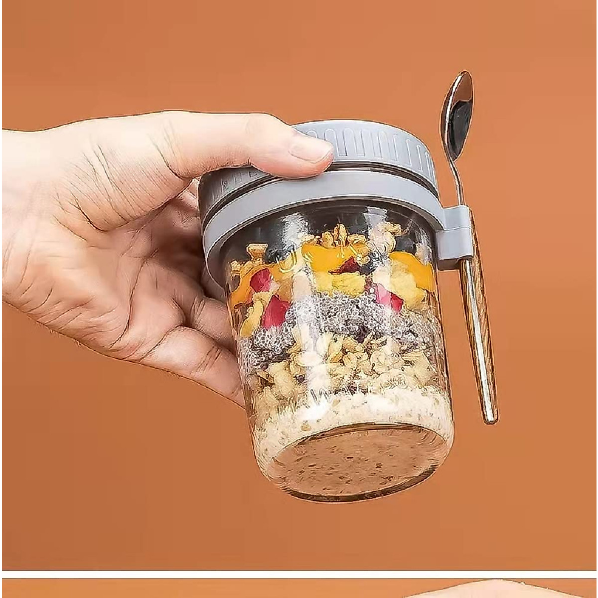 Overnight Oat Container with Lid and Spoon Set, 10 oz Large Airtight Oatmeal Container with Measure Marks Cereal, Milk, Vegetable and Fruit Salad Storage Containers (white and grey)