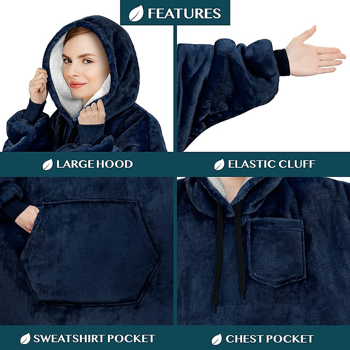 PAVILIA Blanket Hoodie for Women Navy, Sherpa Wearable Blanket Men, Cozy Oversized Sweatshirt Blanket, Warm Fleece Hooded Blanket Sweater with Sleeves and Giant Pocket, Navy Blue
