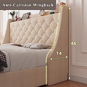 Feonase Queen Bed Frame with 4 Storage Drawers, Type-C & USB Port and Charging Station, Upholstered Wingback Headboard and Storage Shelf, No Box Spring Needed, Easy Assembly, Beige