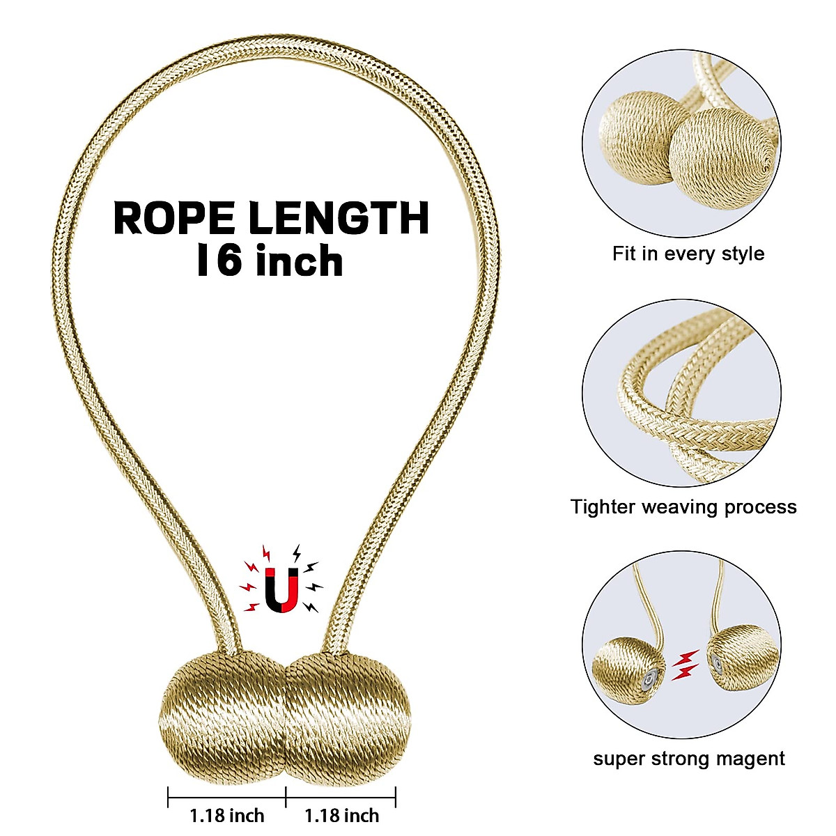 CLAURE 2 Pack Magnetic Curtain Ties, Magnetic Curtain Holder, Curtain Tie Back,Magnetic Curtain tiebacks Hand Braided Cord, Stronger Magnetic for Thin or Thick Decorative Curtains Home Bedroom Office