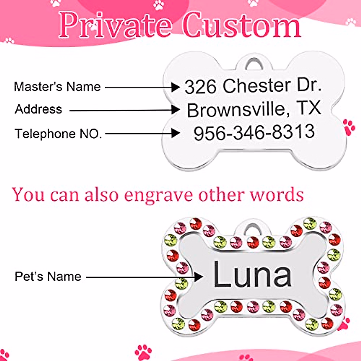 Natiform Engraved Pet Tag for Dogs and Cats, Two Sided Personalized ID Tag, Personalized with 4 Lines of Custom Engraved ID, Cute Glitter Pet Tag(White)