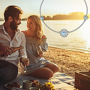 Yearace Sterling Silver Daisy Bracelets for Women, Created Moonstone Daisy Flower Bracelet Jewelry Gift, Adjustable Chain 7+2"