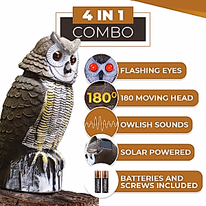 BuboBoss Fake Scarecrow Owl Decoy |16 Inch Solar Powered Motion Activated Plastic Owl to Keep Pigeons, Squirrels, Rabbits, and Rats Away from Gardens, Barns, Decks, and Terraces