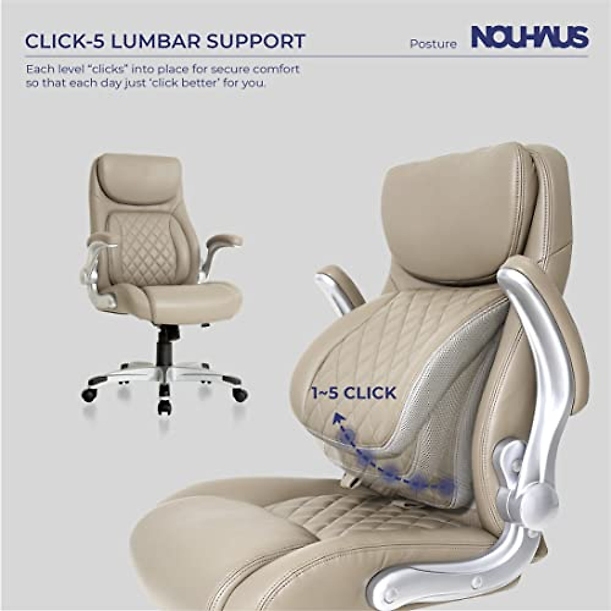 Nouhaus +Posture Ergonomic PU Leather Office Chair. Click5 Lumbar Support with FlipAdjust Armrests. Modern Executive Chair and Computer Desk Chair (Taupe)