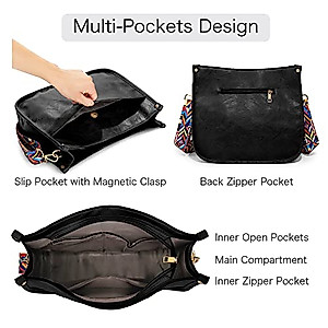 Vegan Leather Medium Crossbody Bags for Women Cross Body Purses Women's Crossbody Handbags Guitar Strap Purse Shoulder Underarm Hobo Bag Adjustable Straps Replacement Fashion Retro Casual Black