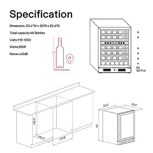 Empava Refrigerator 24 inch Double Zone Fridge for 46 Bottles Built in or Freestanding Compressor Chiller Stainless Steel Glass Door for Home, Office Bar Wine Cooler with Wood Shelves, Silver