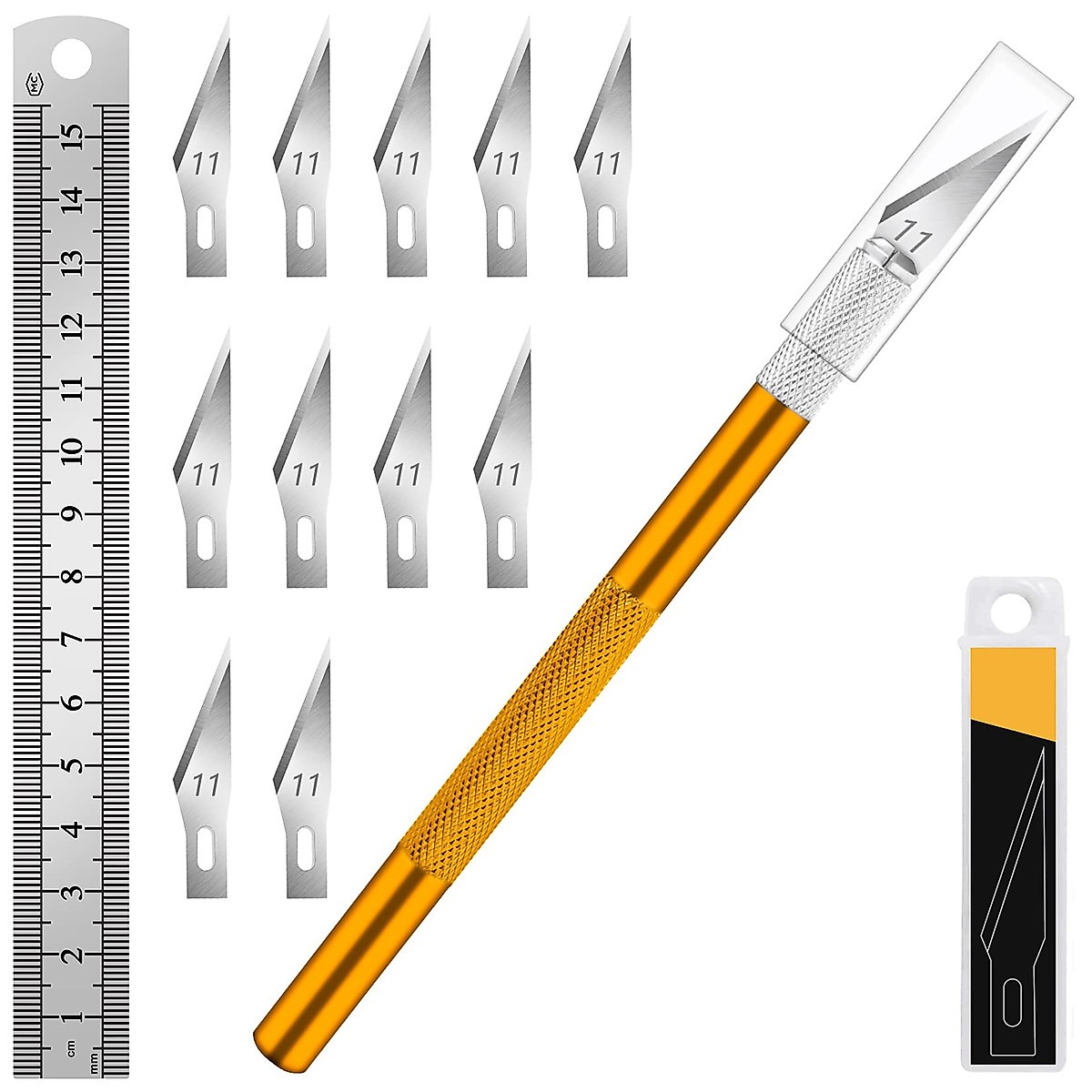 DIYSELF 1 Pcs Craft Knife Hobby Knife with 11 Pcs Stainless Steel Blades Kit, 1pcs Steel 15MM Ruler for Art, Scrapbooking, Stencil(Gold)