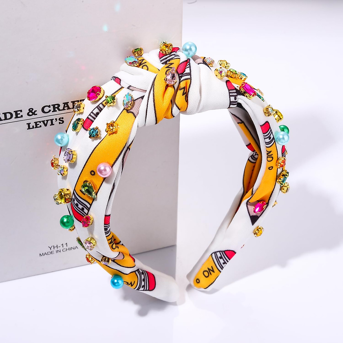 boderier Teacher Headbands for Women Beaded Crystal Knotted Headband Pencil Apple Headband Teacher Hair Accessories (Crystal Beaded)