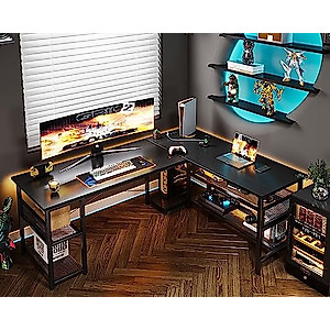 ODK 66" L Shaped Desk with Power Outlet and USB Charging Ports, Reversible L Shaped Computer Desk with Storage Shelves, Home Office Desk, Gaming Desk, Corner Desk, Black