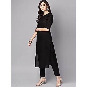 Arayna Women's Cotton Solid Straight Kurta Set with Palazzo Pants and Printed Dupatta, Black, Medium