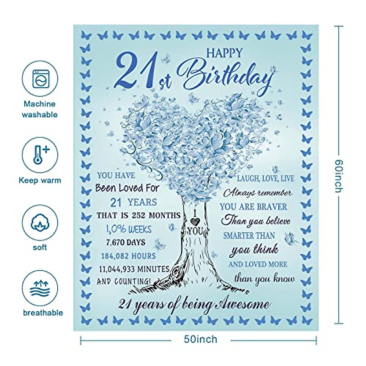 Kesidilo 21st Birthday Gifts for Her, Gifts for 21 Year Old Female, 21 Year Old Birthday Gifts Ideas, Happy 21st Birthday Gift for Women Daughter Sister, 21st Birthday Decorations Blanket 50"X60"
