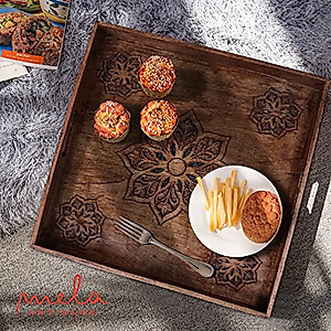Mela Artisans TV Ottoman Wooden Serving Tray - Medium Polish | Decorative Mango Wood | Rustic Farmhouse Decor | Use to Serve Breakfast in Bed | Transports Food, Coffee and Tea | 19" x 19” x 2.5”