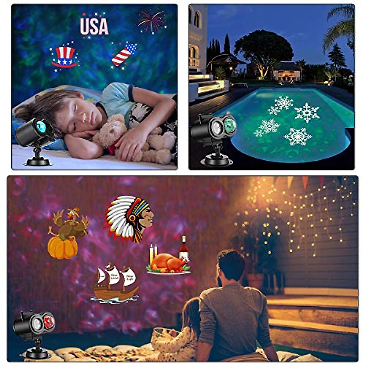 Christmas Projector Lights Outdoor, Holiday Decorations Halloween Led Projector Lights 2-in-1 Moving Patterns and Ocean Wave Ripple Waterproof Snow Light Party Garden