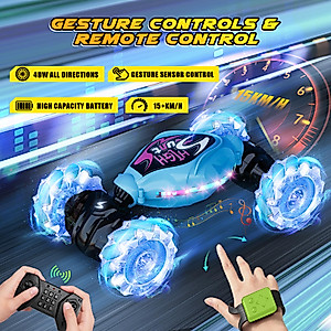 OSIMILY Remote Control Car,2.4GHz LED Gesture Sensing RC Stunt Car,4WD Double Sided Rotation RC Car with Lights and Music,All Terrain Rotation Drift Car Birthday Gifts for Boys Girls (Blue)