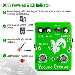 JOYO Octave Fuzz Pedal, Germanium Fuzz 60's Rock Effect - JF-12, Green White, Electric Guitar