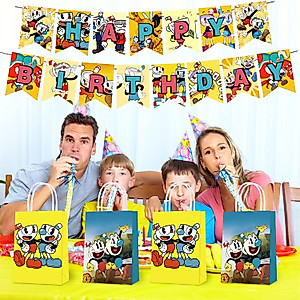 leiquyeah 16pcs Cup Head TV Show Party Favor Bags, Cartoon Theme Birthday Paper Gift Bags with Handles for Decorations Goody Treat Candy (023)