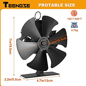 TEENGSE 6 Blades Stove Fan with Thermometer Strip, Heat Powered Wood Fan for Home Wood Log Burning Stove Fireplace Circulating Warm Air Saving Fuel Efficiently