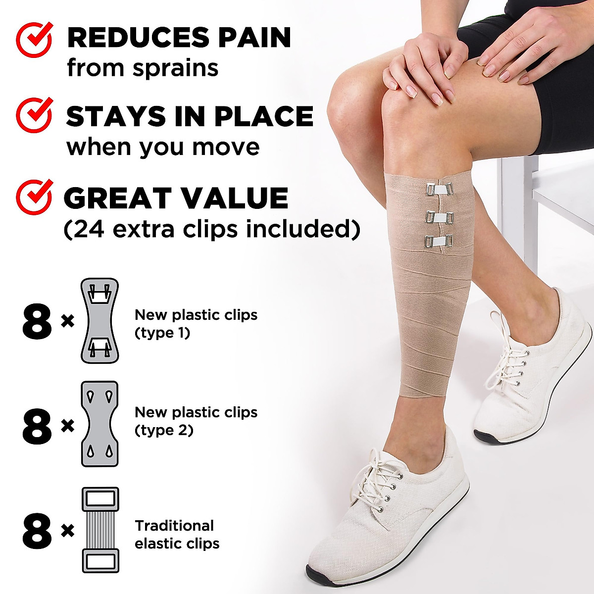 Premium Elastic Bandage Wrap – 8pk (4x3”, 4x4”) + 24 Extra Clips – Strong Compression Bandage Wrap - Wrist, Ankle, Foot, Knee Wrap