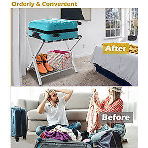mocomax 1 Pack Folding Luggage Rack for Guest Room, Foldable Suitcase Stand Holder with Metal Storage Shelf for Bedroom, Living Room, Hotel Essentials, Heavy Duty Steel Frame, White