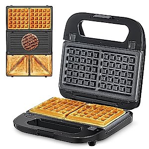 Reemix 3-in-1 Waffle, Grill & Sandwich Maker, Panini Press Grill and Waffle Iron Set with Removable Non-Stick Plates, Perfect for Cooking Grilled Cheese, Tuna Melts, Burgers, Steaks and Snacks, Black (3 in1 Sandwich Maker With Plastic Handle)