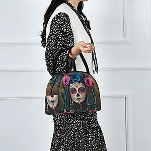 ZzWwR Trendy Girl with Sugar Skull Makeup Lunch Tote Bag with Front Pocket Reusable Insulated Thermal Zipper Closure Cooler Container Bag for School Work Picnic Travel Fishing Beach