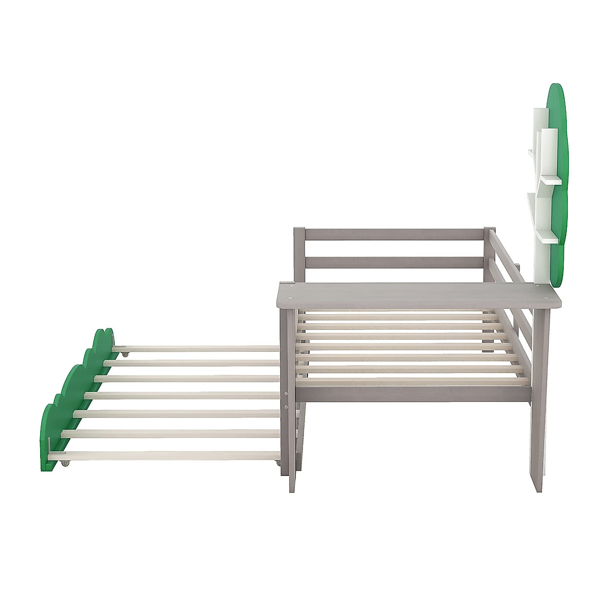 Lifeand Twin Size Wooden Daybed with Desk, Green Tree Shape Shelves and Trundle, Gray