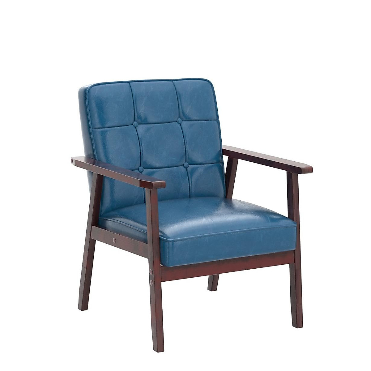 Okeysen Mid Century Modern Accent Chairs, Retro Wood and Leather Armchairs Side Chair, Lounge Reading Comfy Arm Chair for Living Room, Bedroom, Office (Blue)
