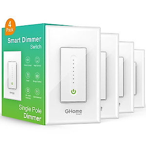 GHome Smart Smart Dimmer Switch Work with Alexa Google Home, Neutral Wire Required 2.4GHz Wi-Fi Switch for Dimming LED CFL INC Light Bulbs, Single Pole, UL Certified, No Hub Required, 4Pack