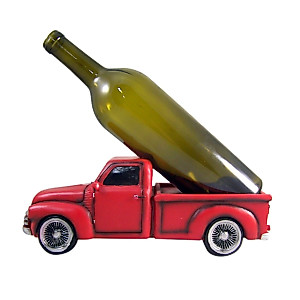 DWK Vintage Red Truck Decorative Wine Bottle Holder | Americana Decorations and Vintage Desk Accessories | Bottle Holder for Cabinet and Shelf Decor - 11.5"